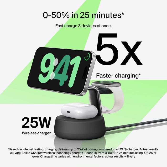 Belkin UltraCharge Pro 3-i-1 Qi2 Ladestativ - Kullsvart – Eplehuset